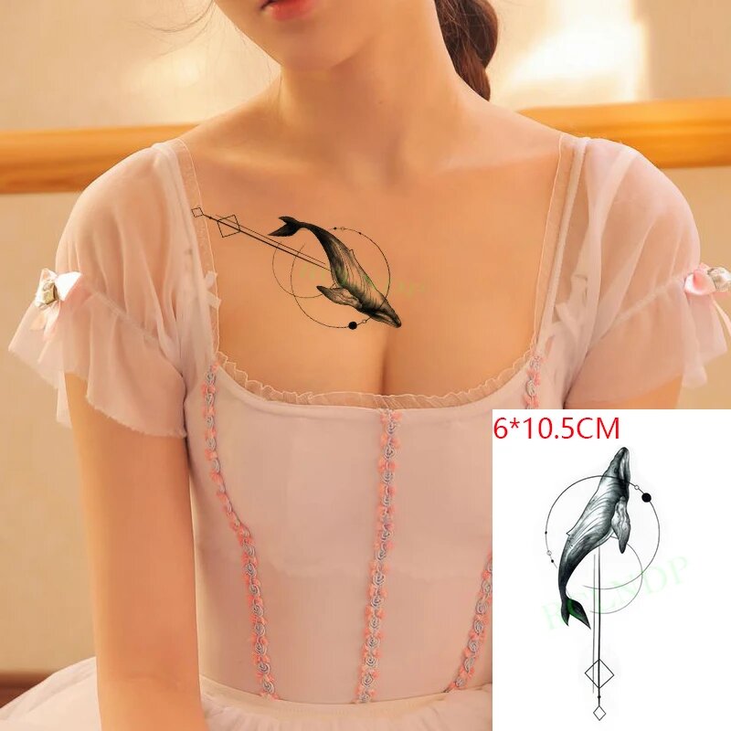 Временная тату-наклейка RCLNDP, кит, круг, прыжок монохромный