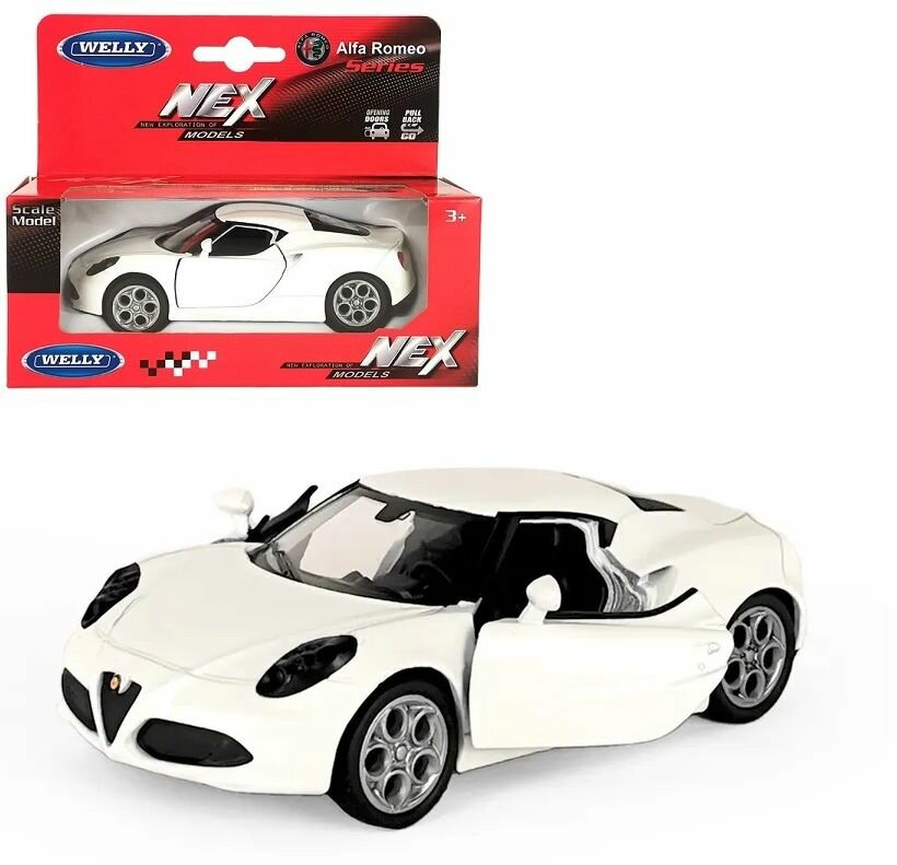 Машинка Welly Alfa Romeo 4C. масштаб 1:38, металлическая, пружинный механизм, белый цвет