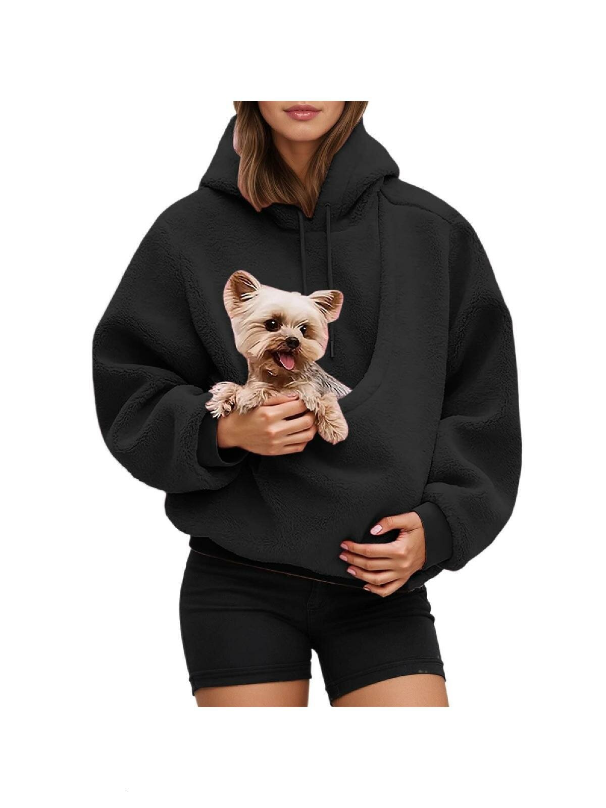 Флисовая толстовка с капюшоном и карманом-мешком для животных, Черный - M