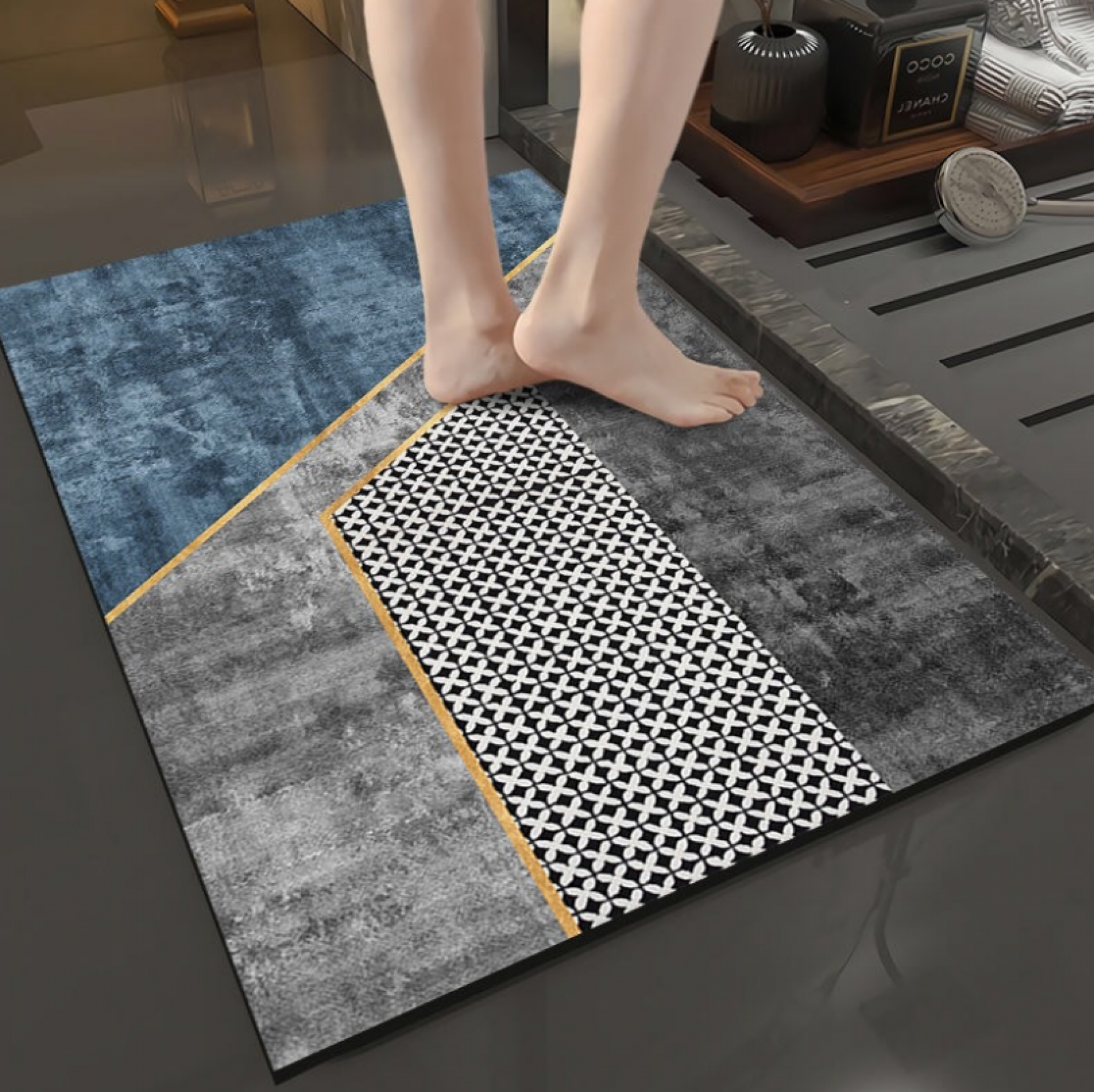 Коврик для ванной и туалета MyPads противоскользящий, быстро впитывающий и сохнущий, мраморный дизайн серо-синий