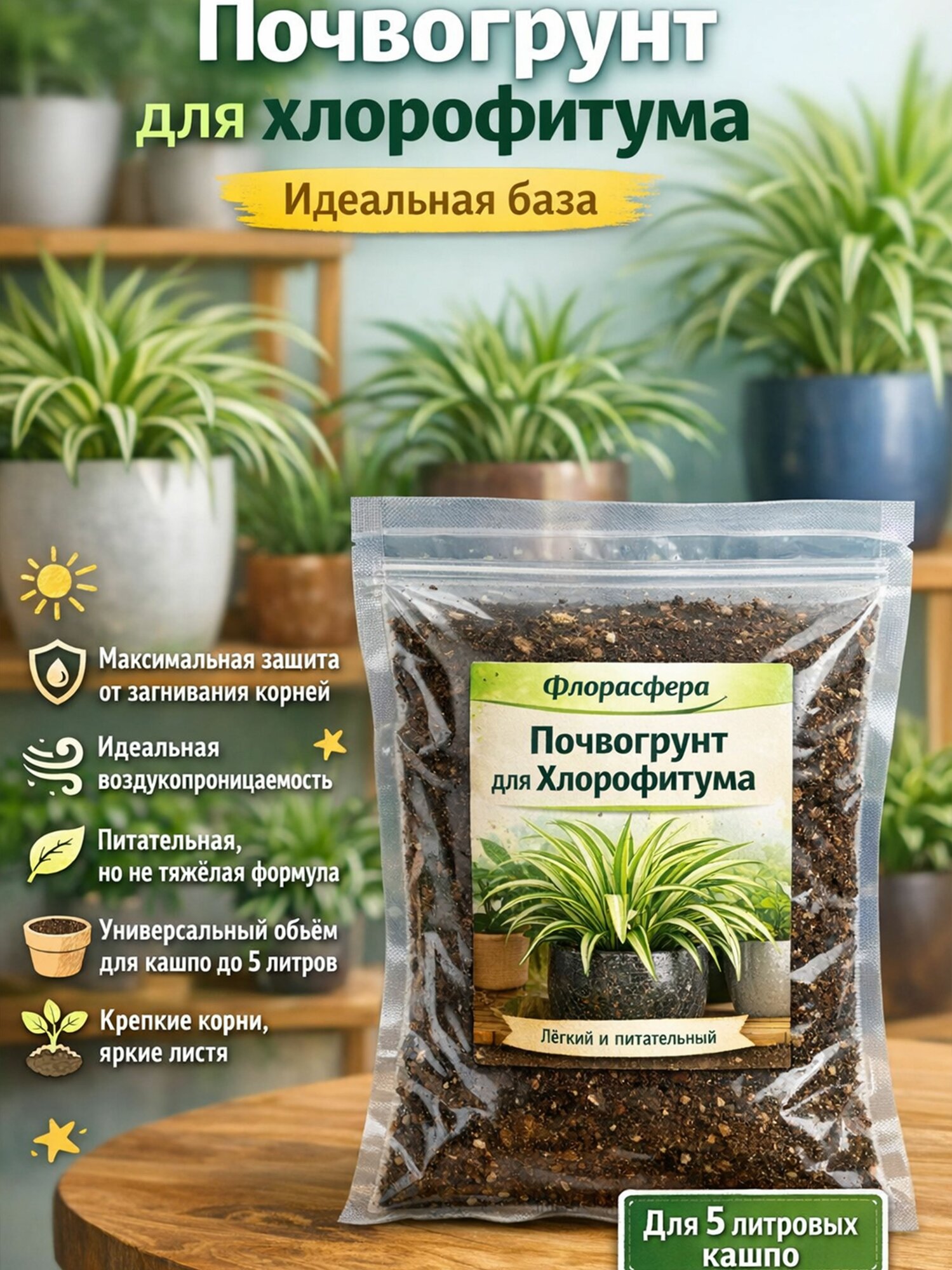 Почвогрунт для хлорофитума для кашпо до 5л премиум грунт для растений
