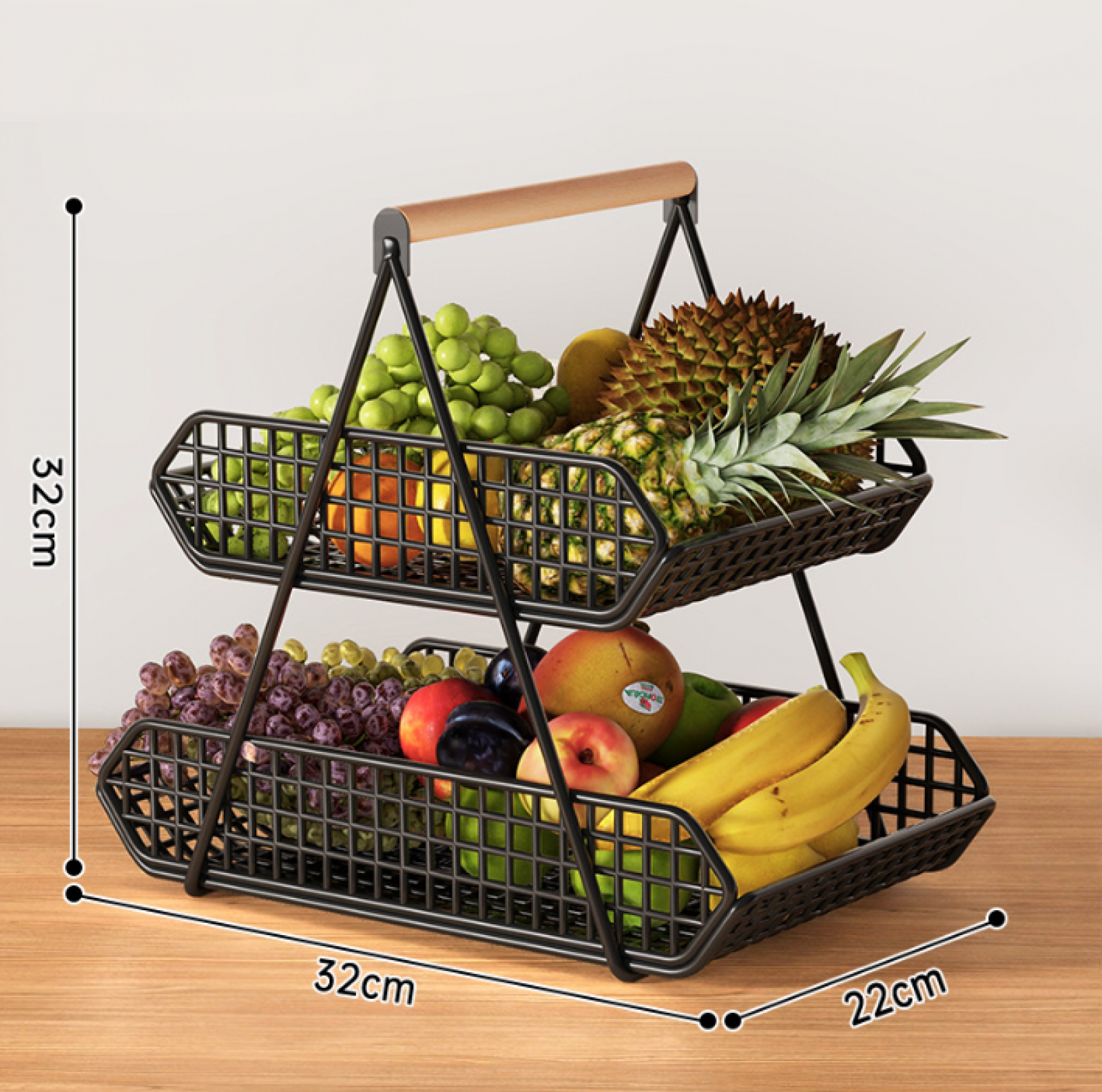 Фруктовница двухъярусная MyPads из металла с деревянной ручкой черная стильная и компактная