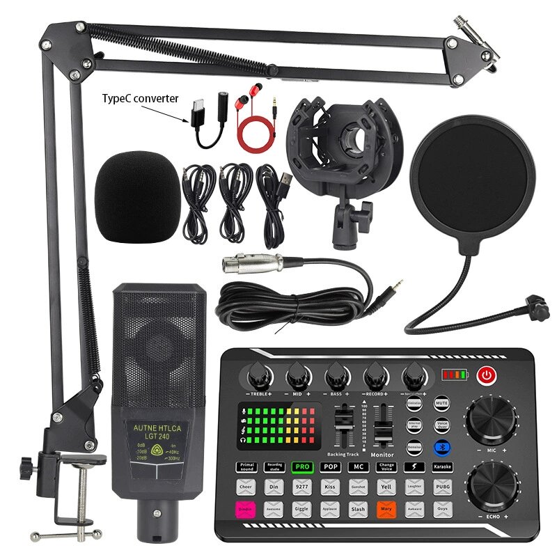 Студийный комплект конденсаторный микрофон звуковая карта поп-фильтр кронштейн для стримов подкастов записи