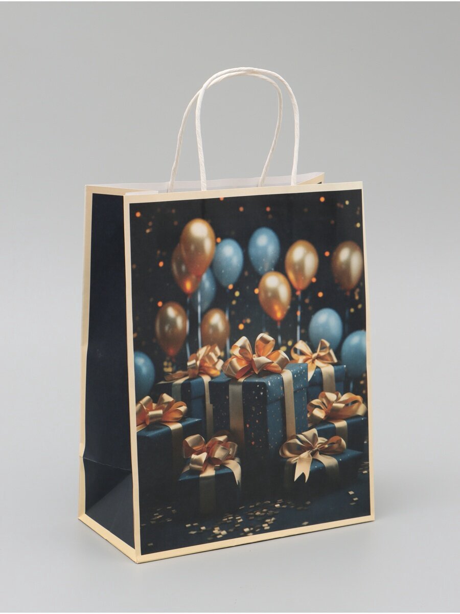 Пакет подарочный крафтовый «Подарки с золотым бантом» 27×22×11 см, 120 г/м²