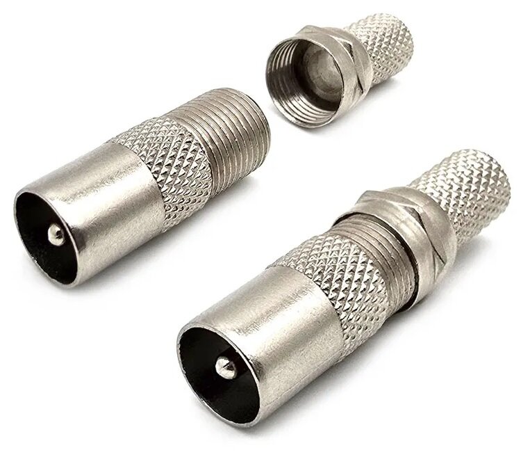 Переходник гнездо F - штекер антенный, TV + F - разъем, комплект - 2шт