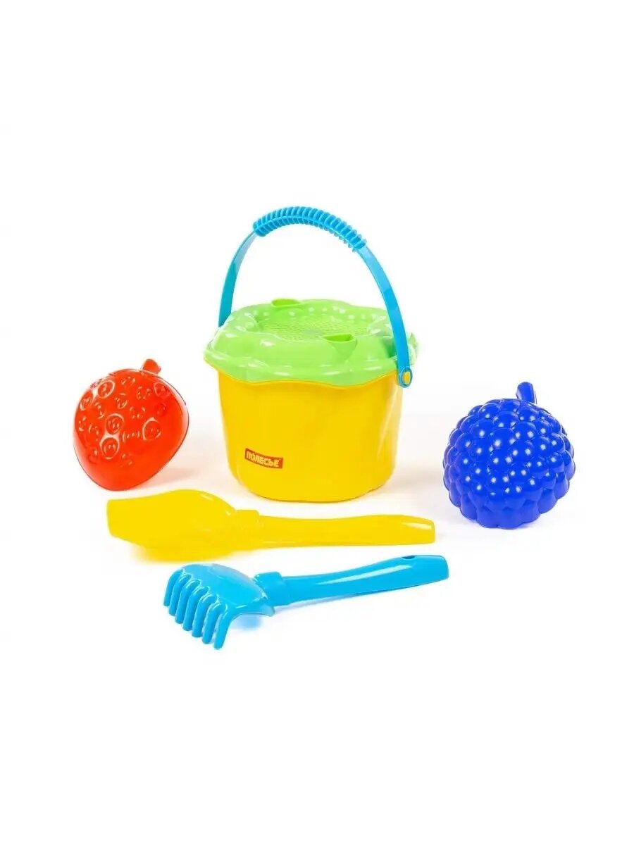 Полесье Набор №662 для песочницы: ведро-цветок среднее №4, сито-цветок среднее №4, лопатка №5, грабельки №5, формочки