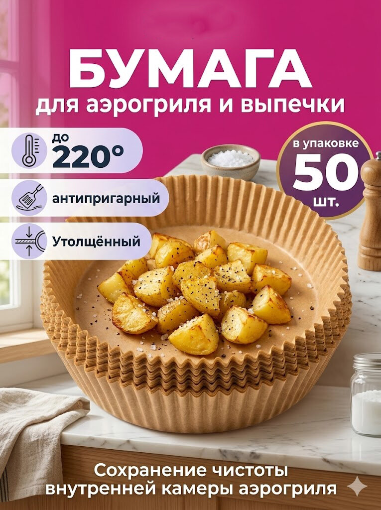 Пергамент вкладыш для аэрогриля, пергаментная бумага для выпечки, форма для выпечки бумажная, цвет бежевый, 20 см, 50 шт