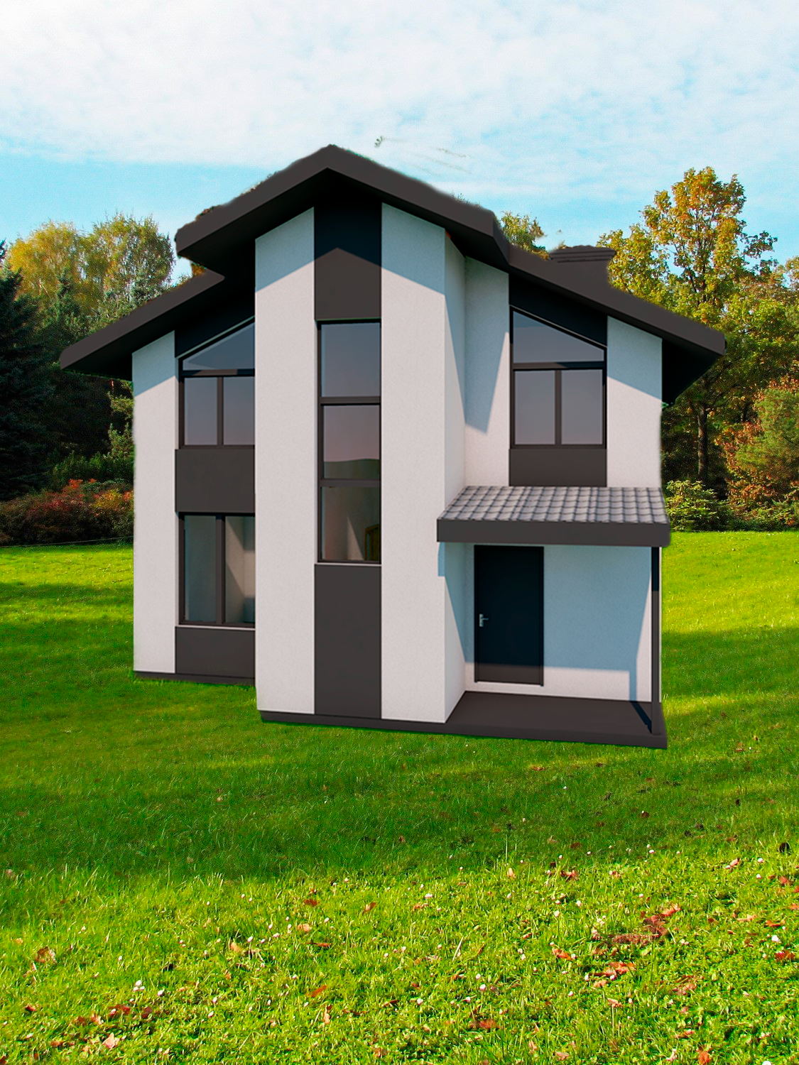 Проект двухэтажного дома из блоков с тремя спальнями, кабинетом, двумя с/у, кухней-гостиной и террасой 14,50х8,82 м