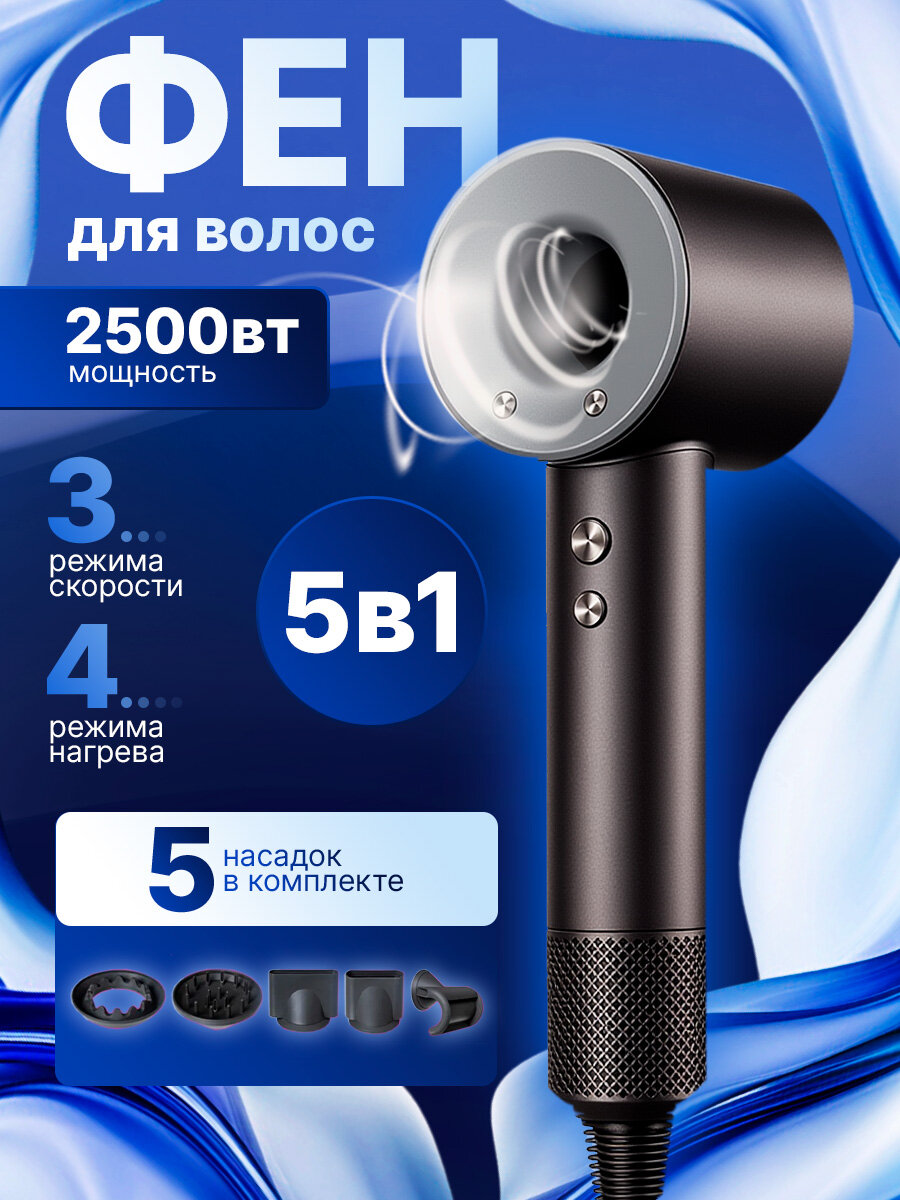 Фен-щипцы, ионизация, 5 в 1, керамический, мощность 2500Вт, серый металлик