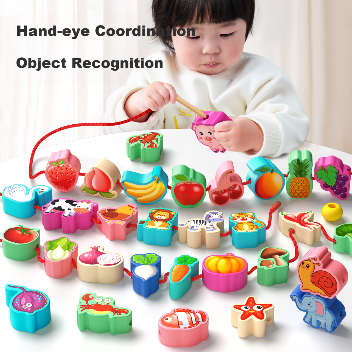 COODORA Набор бусин для детей Игра с нитками Монтессори раннее развитие Деревянные строительные блоки Тренировка мелкой