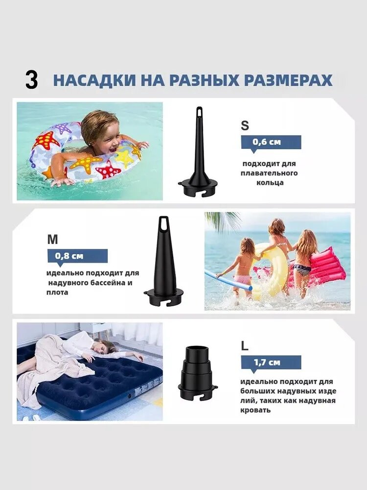 Насос для надувки электрический, портативный, с встроенным аккумулятором и 3 насадками, черный — фото 1