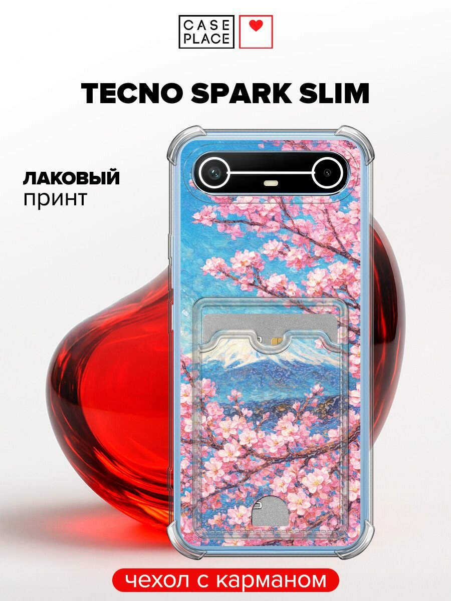Чехол на Tecno Spark Slim (Текно Спарк Слим) с картой и принтом Фудзияма и цветение сакуры