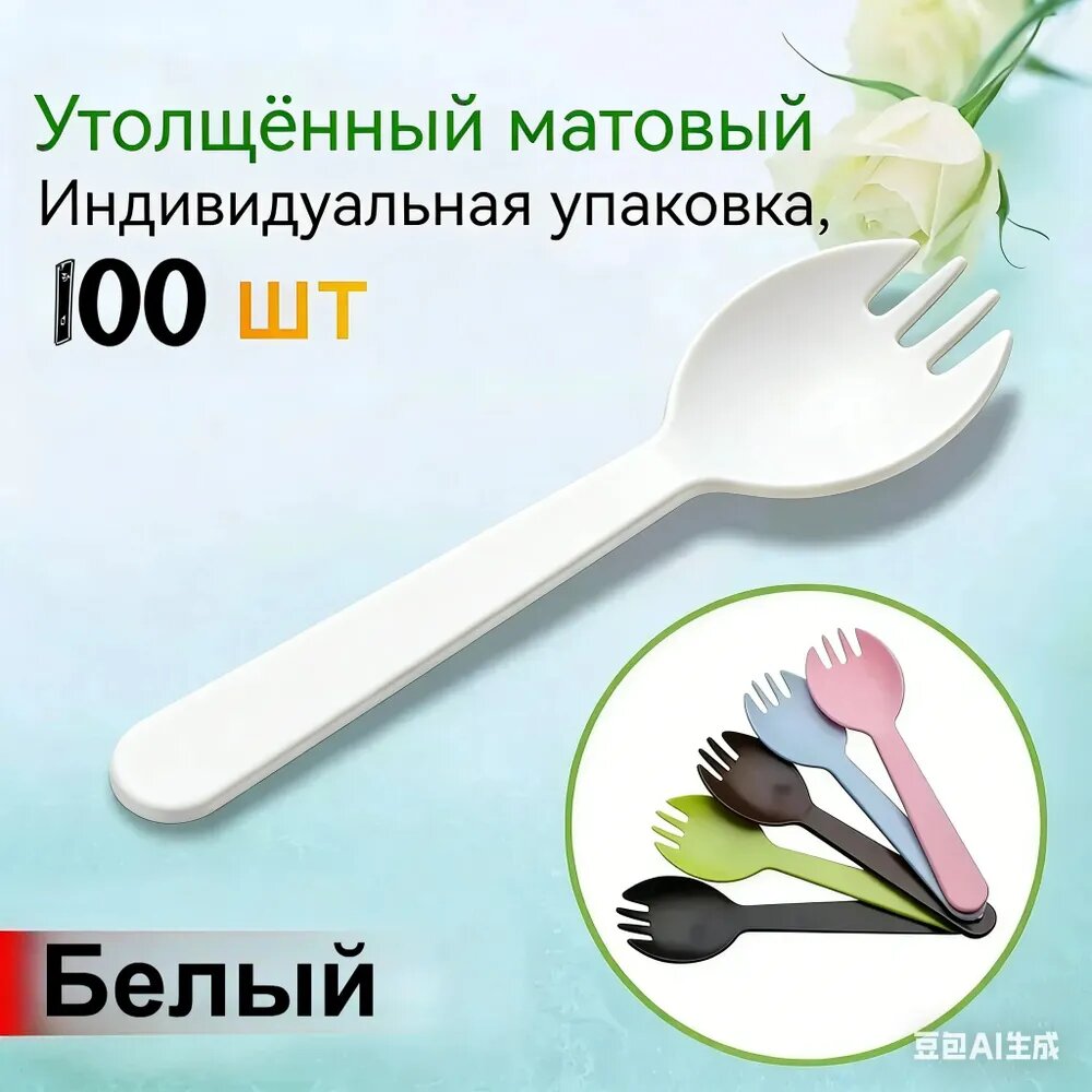 Экологичная пластиковая ложка и вилка, одноразовые столовые приборы в индивидуальной упаковке, для мороженого и десертов, набор 100 шт, Белый