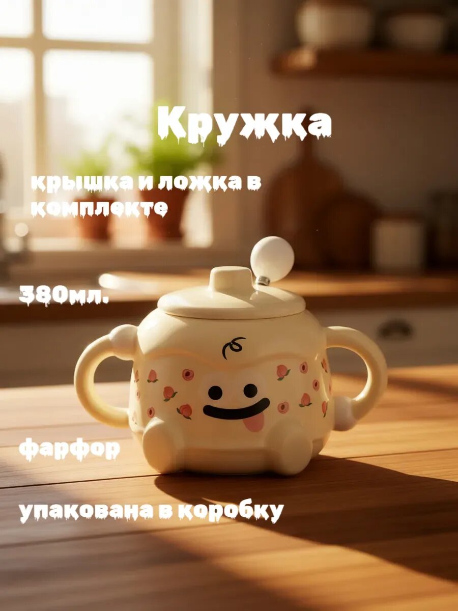Кружка "Смайлик", для чая и кофе, с крышкой, ложкой и аппликацией, 380мл