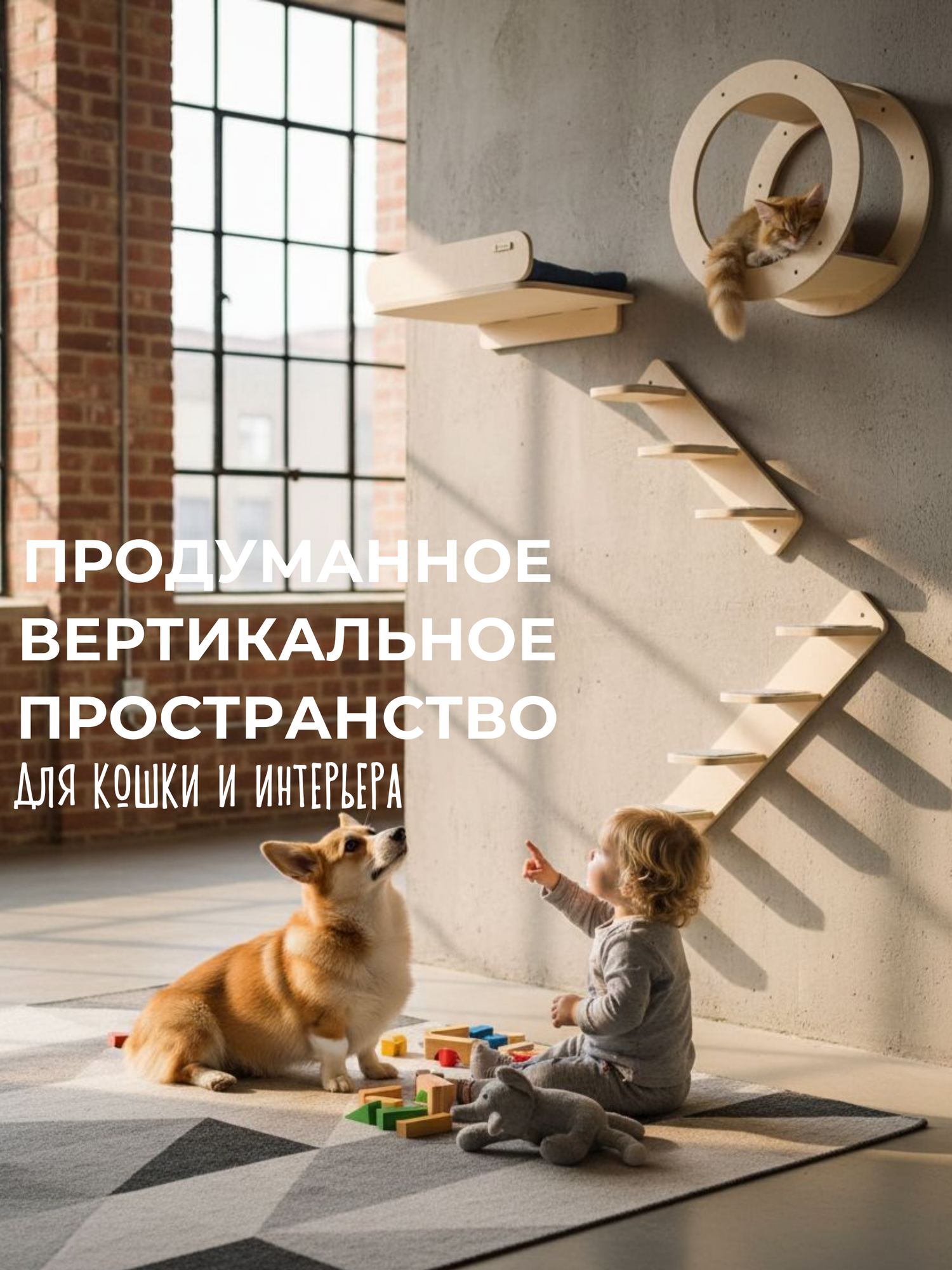 Комплекс для кошки настенный Kattform, домик, лестница, лежанка с высоким бортиком