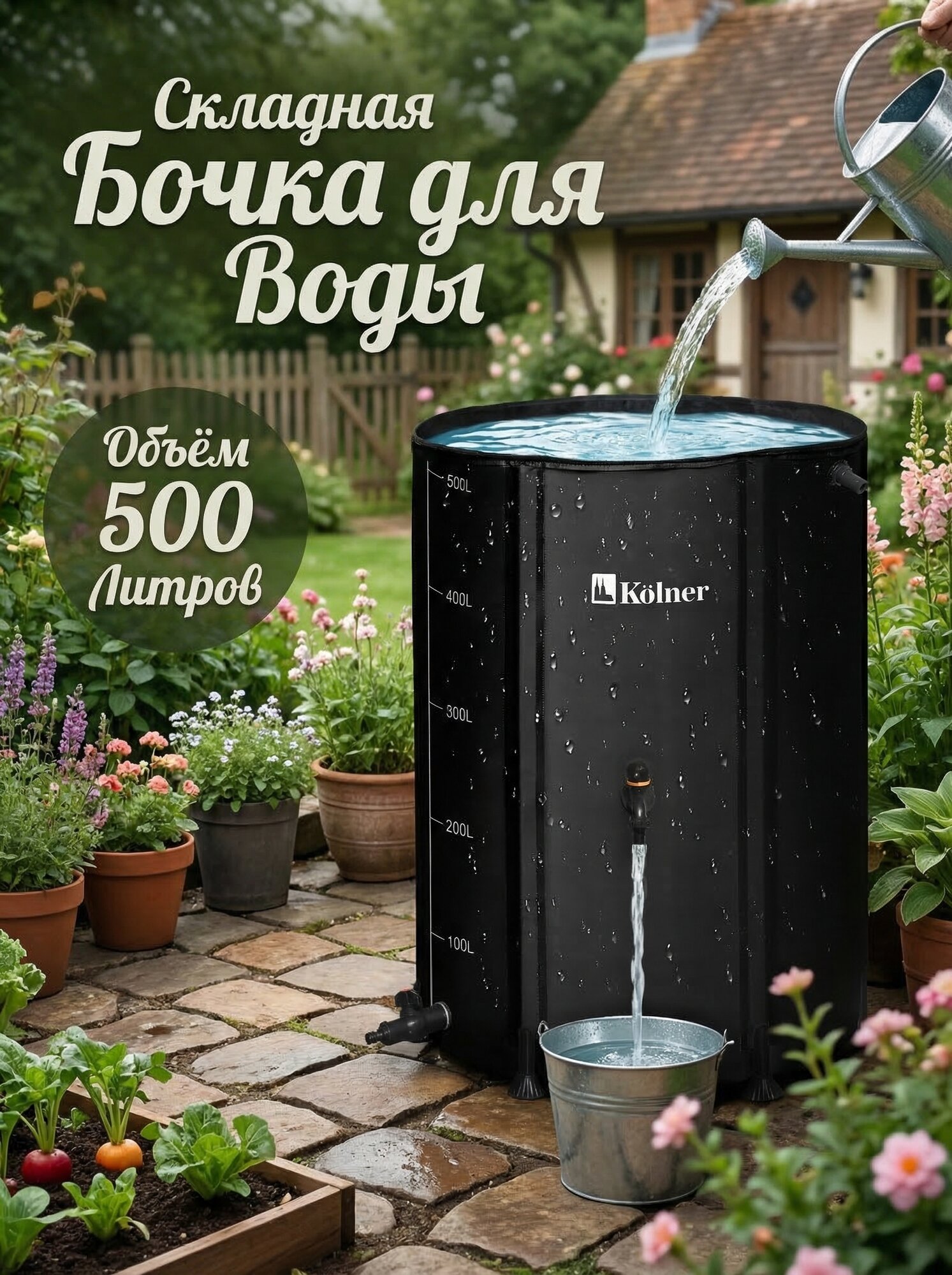 Бочка для воды складная Kolner KWB, 500л, ПВХ, 17x99x17см, чёрная