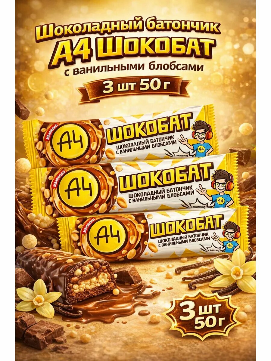 Шоколадный батончик 3 шт по 40 гр А4 с ванильными блобсами
