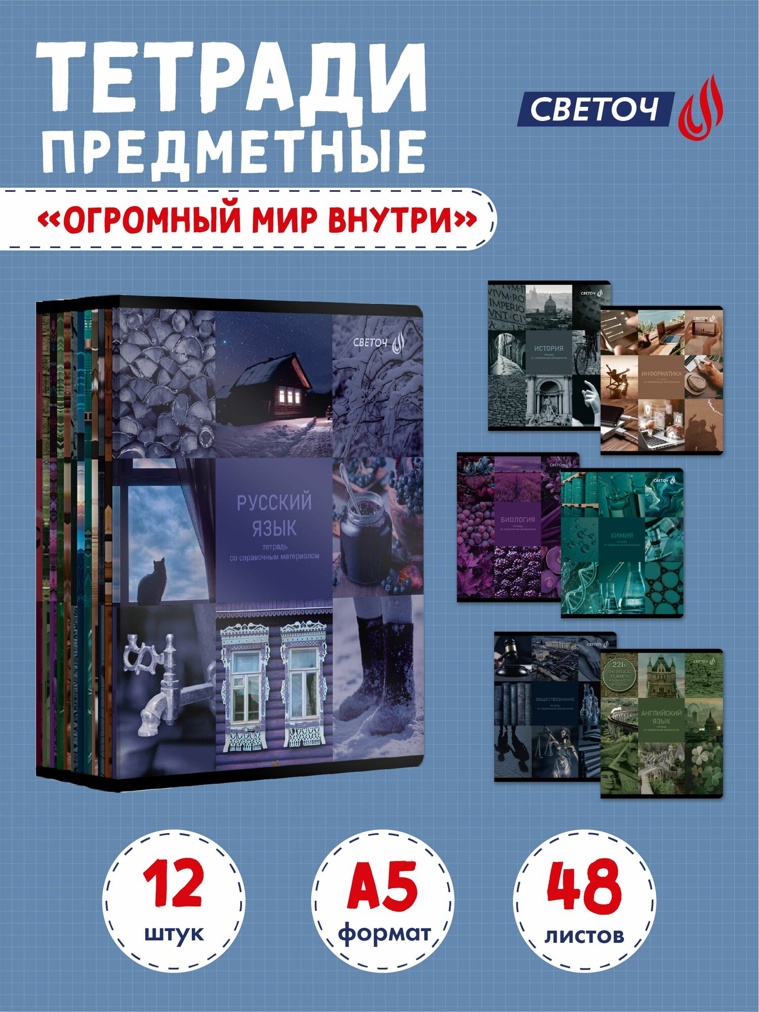 Тетради предметные 12 штук комплект 48 листов в клетку/линия Светоч со справочным материалом "Огромный мир внутри", 12 предметов