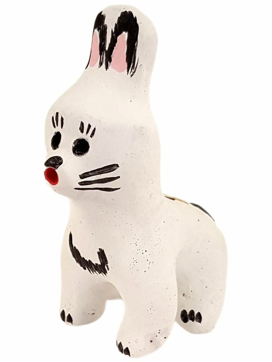 Зайчик белый сидит, Каргопольская глиняная игрушка, ручная авторская работа