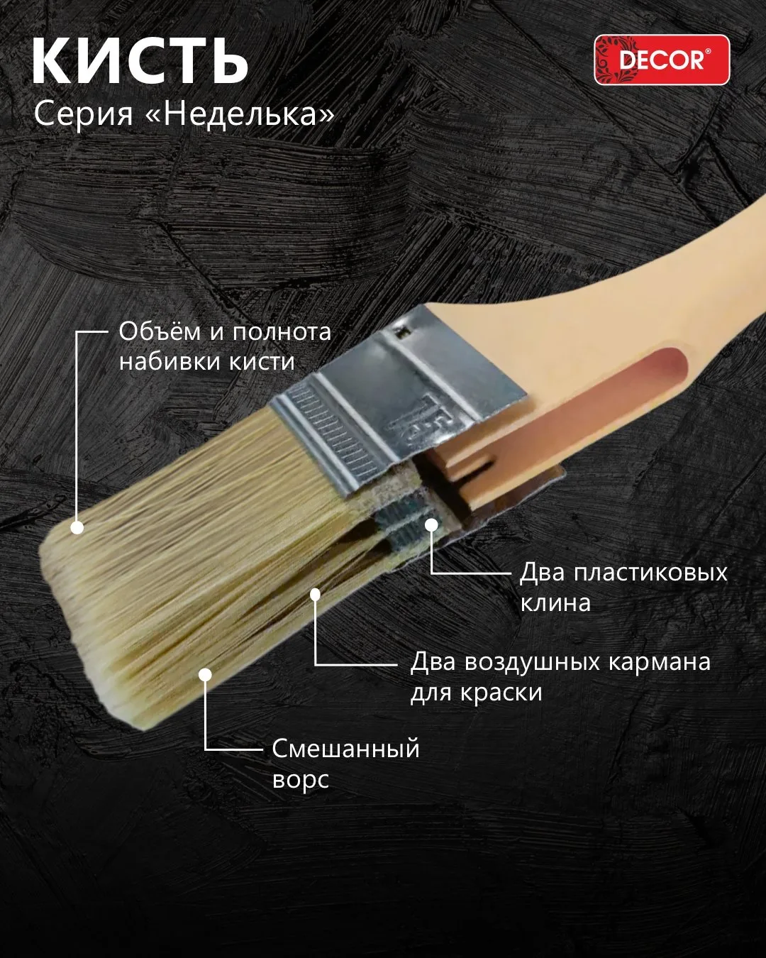 Кисть универсальная, смешанная щетина, Black Edition Неделька 50х14 мм Четверг DECOR 126035; 11606358
