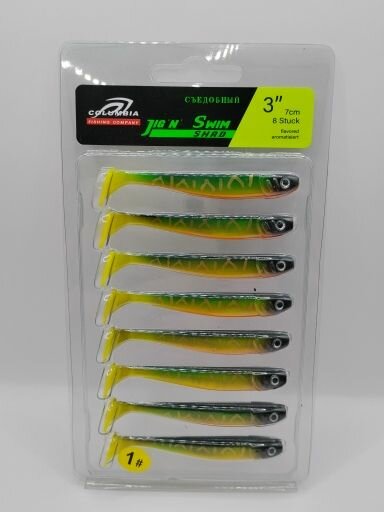 Мягкая приманка (съедобный силикон) виброхвост Columbia Fishing Company Jig & Swim Shad: 3 дюйма,7см, 3гр, набор 8 шт.