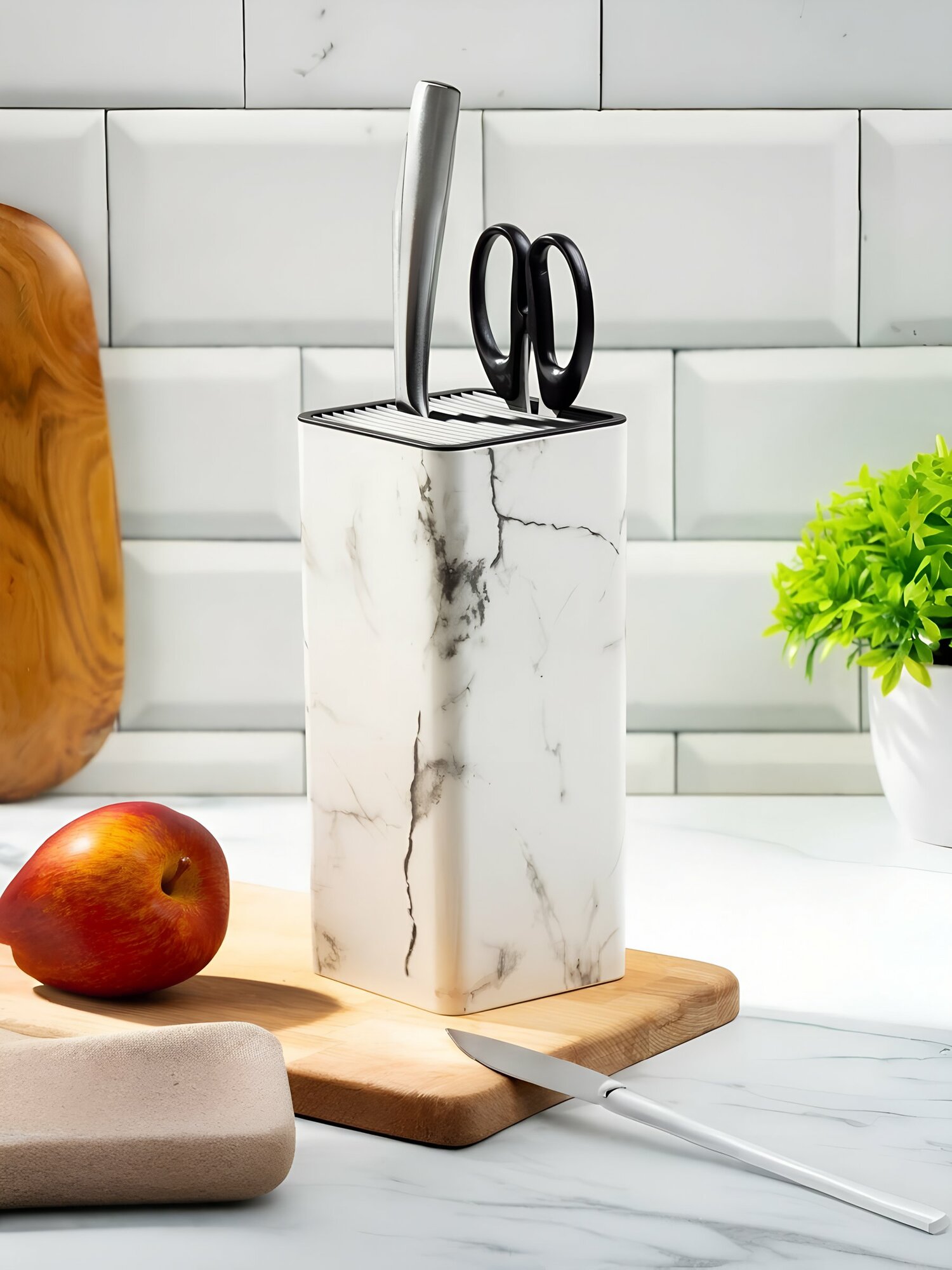 Подставка для ножей, пластик, прямоугольная, 9.8х9.8х22.8 см, Мрамор, Y4-7186