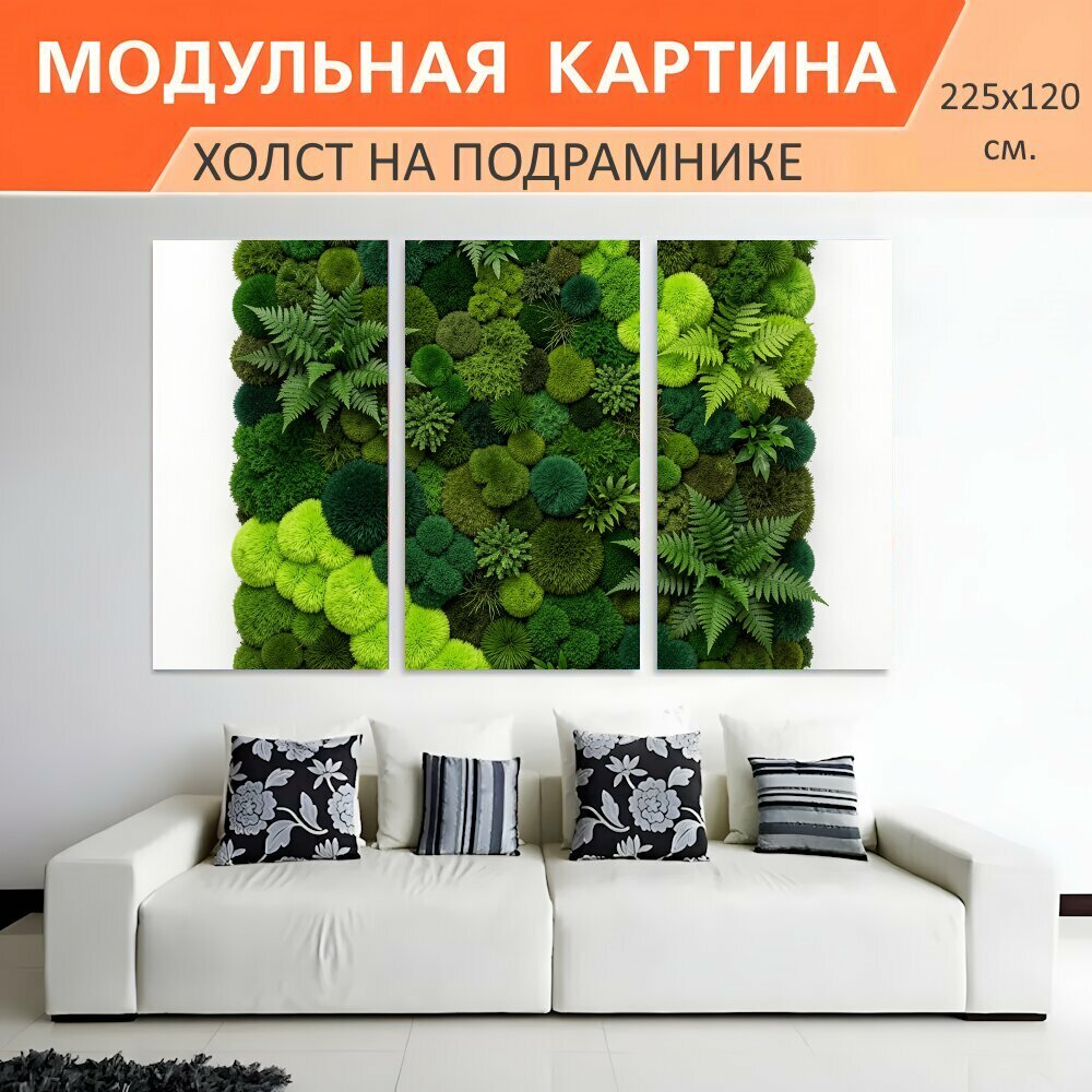 Модульная картина на холсте "Вертикальная композиция из мха и папоротников. Пышная зелёная фитостена с шаровидными мхами." триптих на подрамнике 225х120 см. для интерьера