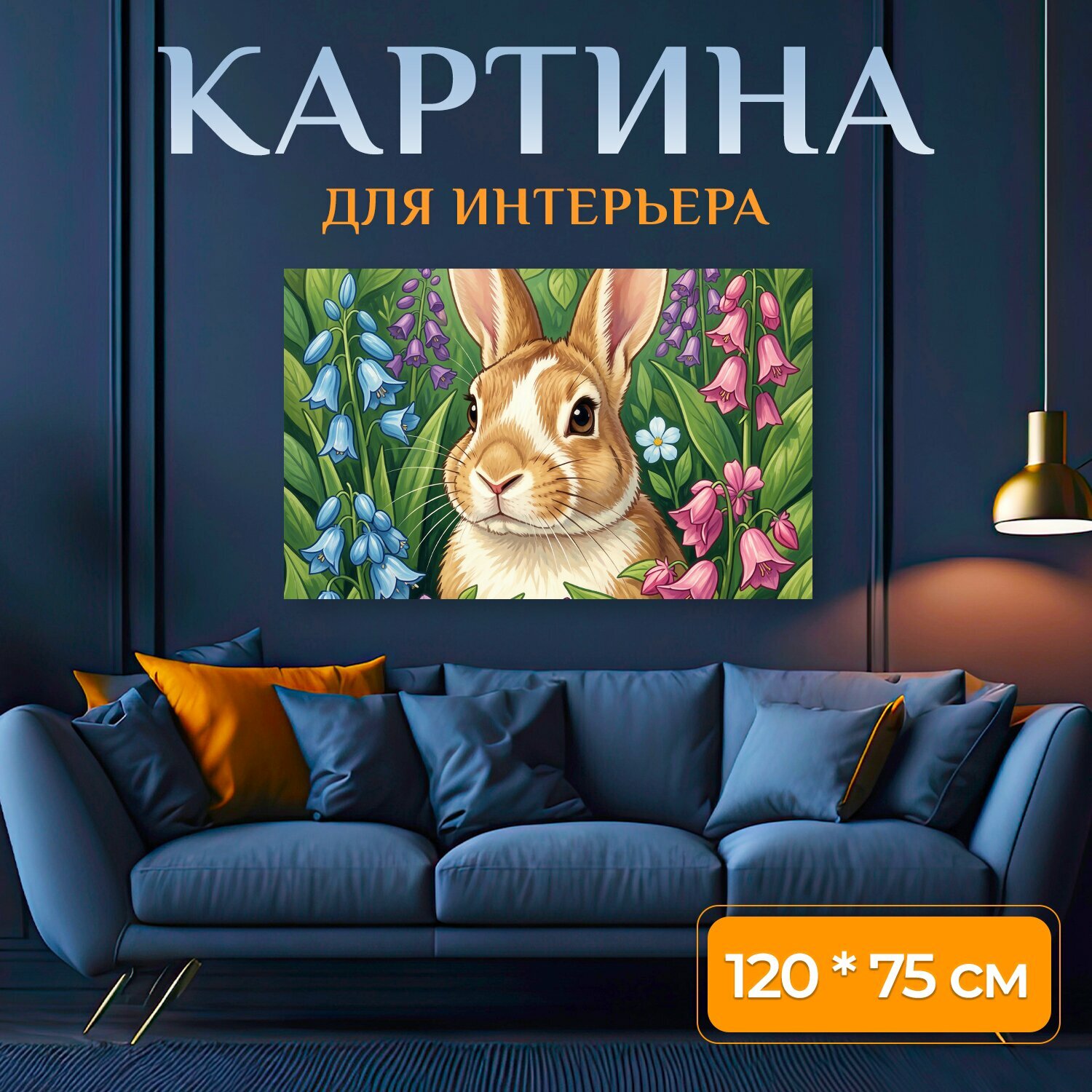 Картина на холсте "Заяц среди полевых цветов. Милый кролик с длинными ушами в окружении колокольчиков и лесных цветов. Яркая ботаническая." на подрамнике 120х75 см. для интерьера