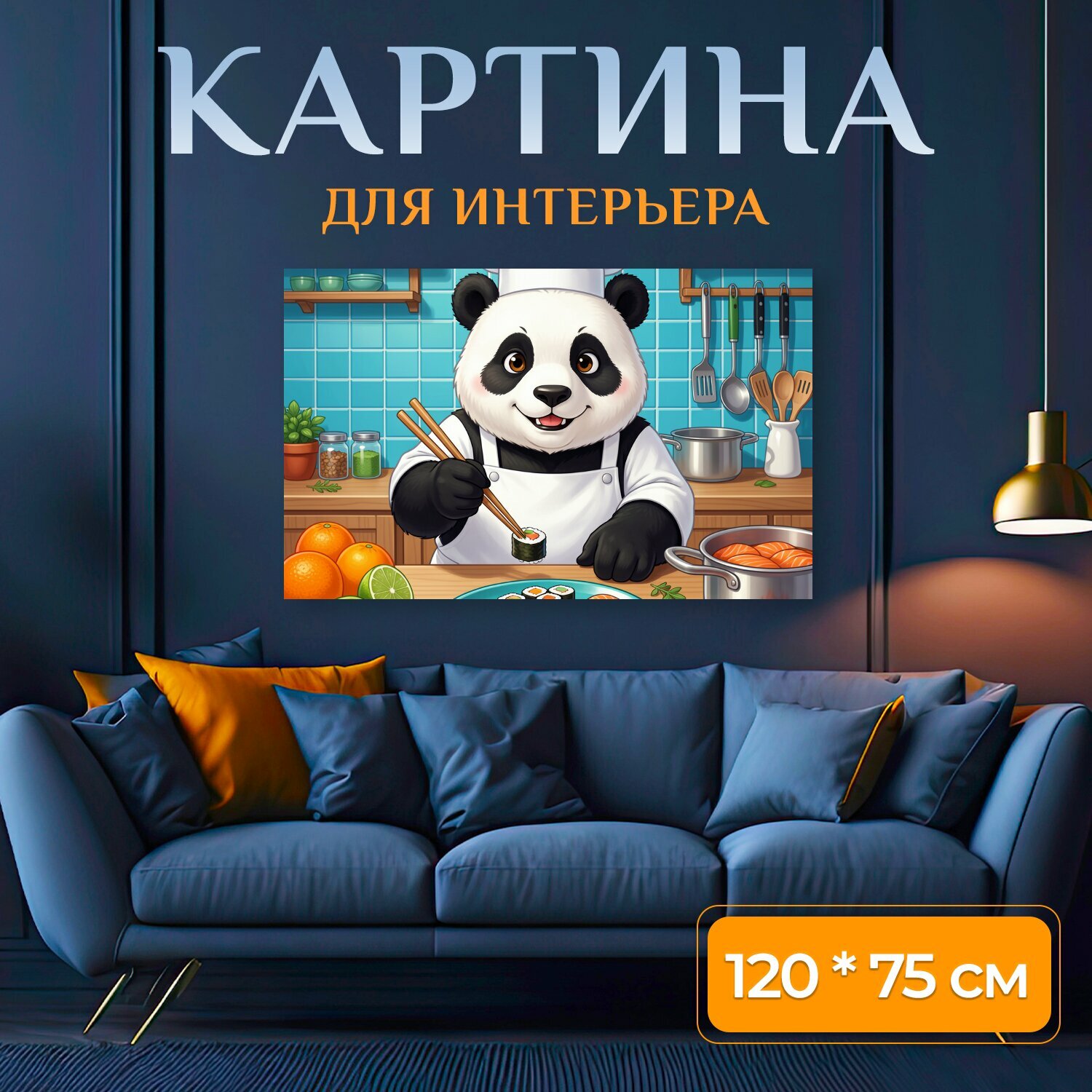 Картина на холсте "Панда-повар готовит суши. Мультяшный кулинарный сюжет: забавный медвежонок в белой форме лепит роллы на кухне, вокруг яркие." на подрамнике 120х75 см. для интерьера
