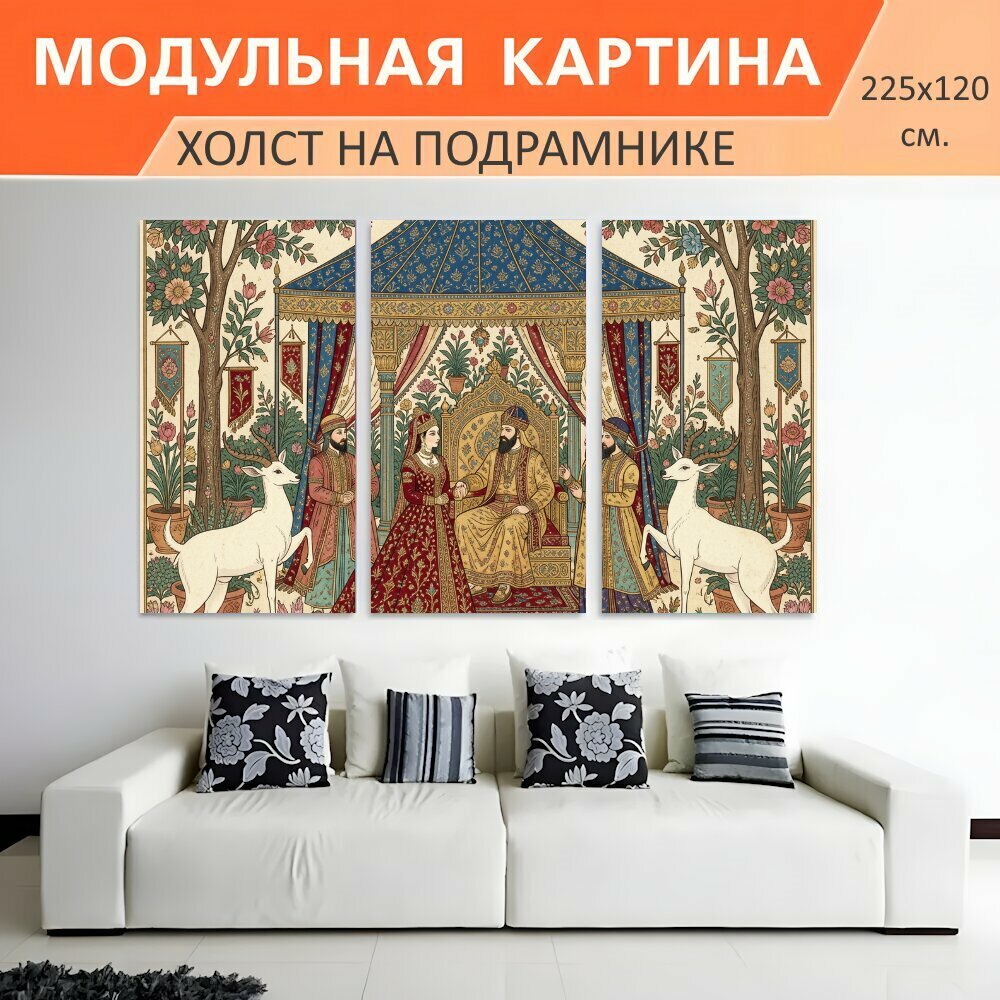 Модульная картина на холсте "Восточная церемония в саду. Изысканная сцена в стиле восточной миниатюры: султанский шатер, нарядная." триптих на подрамнике 225х120 см. для интерьера