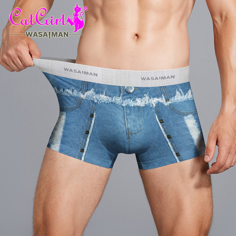 Мужское спортивное нижнее белье, бесшовные боксеры для мальчиков из ледяного шелка, персонализированные трусы-боксеры с принтом под джинсовую ткань, мужское нижнее белье.