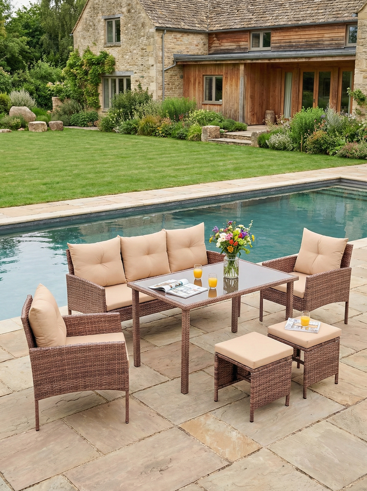 Комплект для обеда и отдыха из искусственного ротанга Фьорд-7 (Fjord-7), капучино