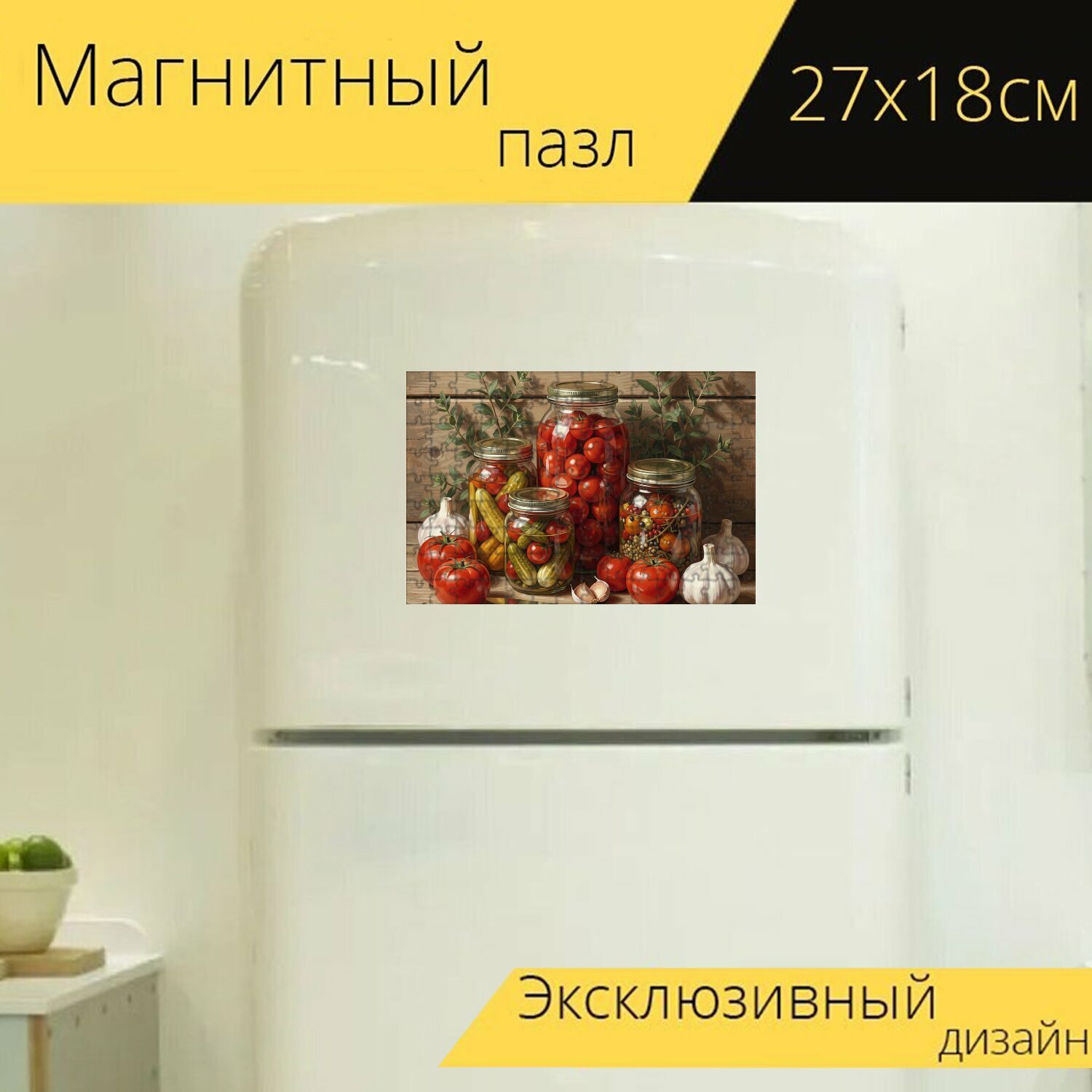 Магнитный пазл "Домашние заготовки с овощами и зеленью. Натюрморт в деревенском стиле: стеклянные банки с яркими томатами, огурцами и маринованными." на холодильник 27 x 18 см.