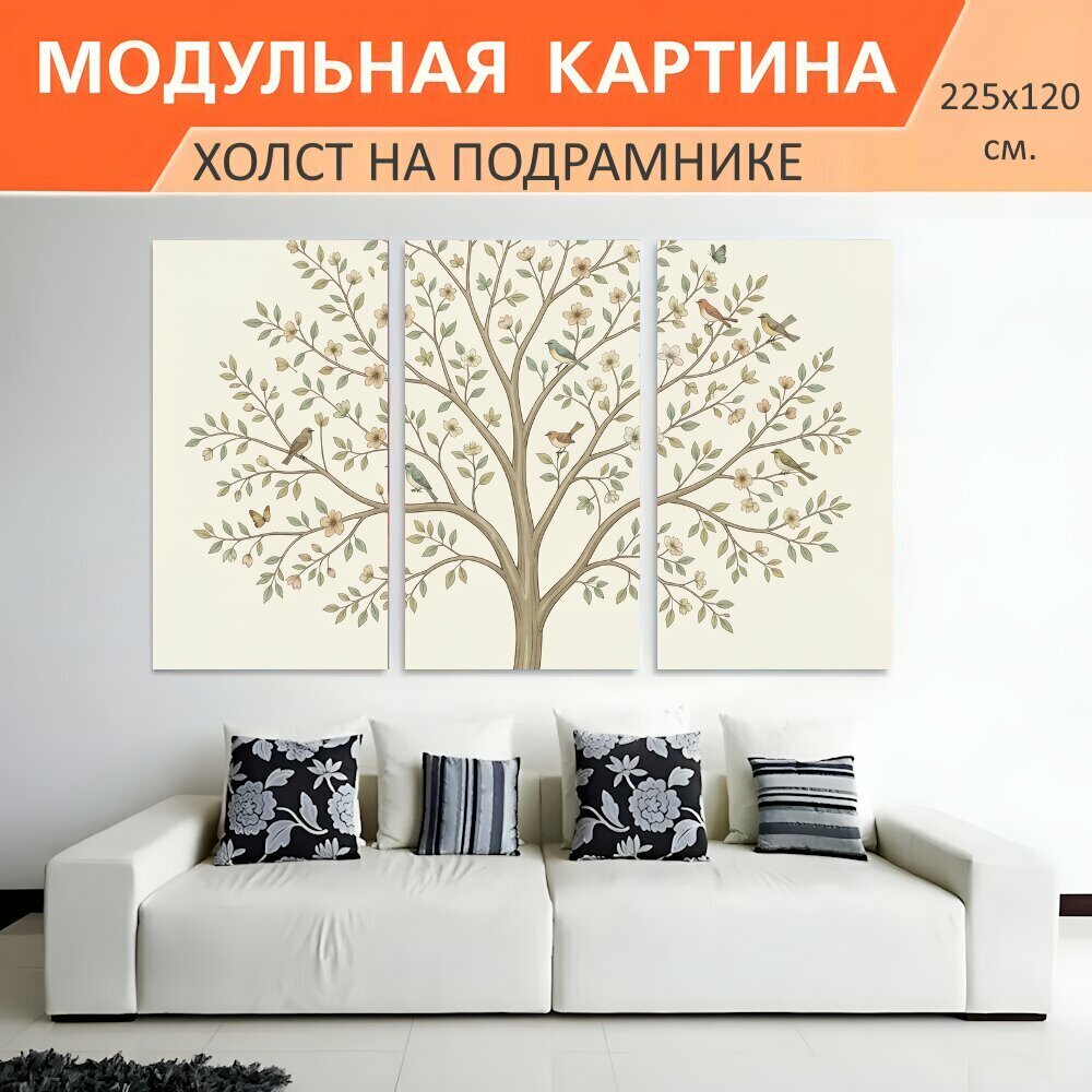 Модульная картина на холсте "Цветущее дерево с птицами. Изящная иллюстрация с раскидистым древесным силуэтом, нежными бутонами и." триптих на подрамнике 225х120 см. для интерьера