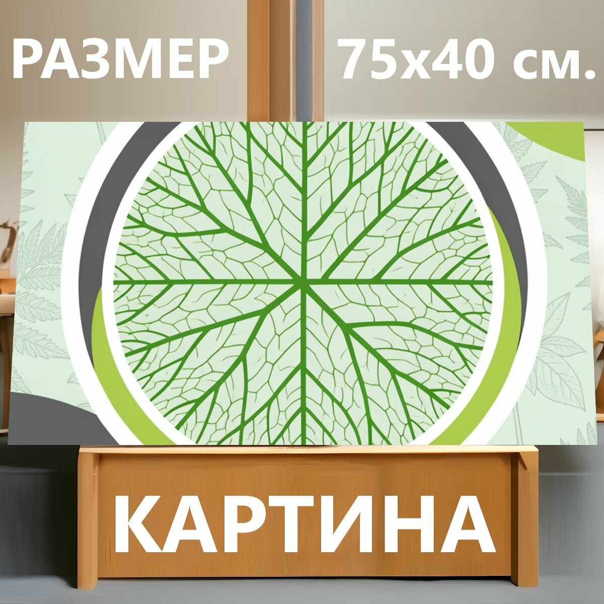 Картина на холсте "Зеленый лист в круговой рамке. Минималистичная ботаническая композиция с детализированным листовым узором в центре, мягкий." на подрамнике 75х40 см. для интерьера