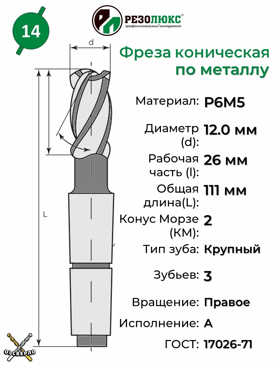 Фреза по металлу концевая 14 мм Z-3 КМ2 резолюкс