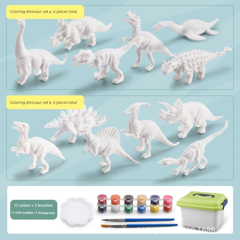 12 маленьких динозавров + 4 крупных, 2 кисти, 12 цветов, кейс для детей