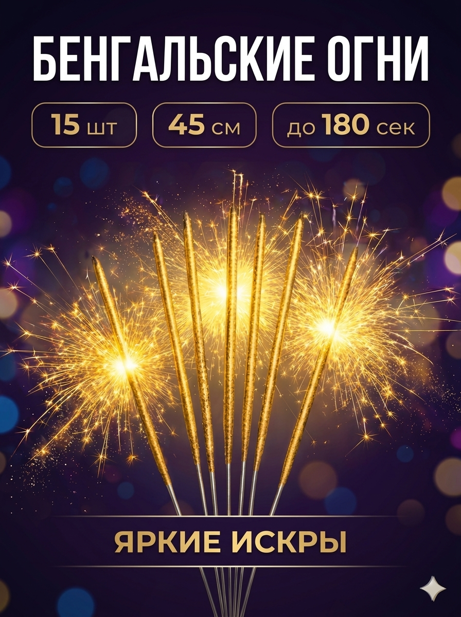 Бенгальский огонь декорированный золотом длина 45 см 180 сек