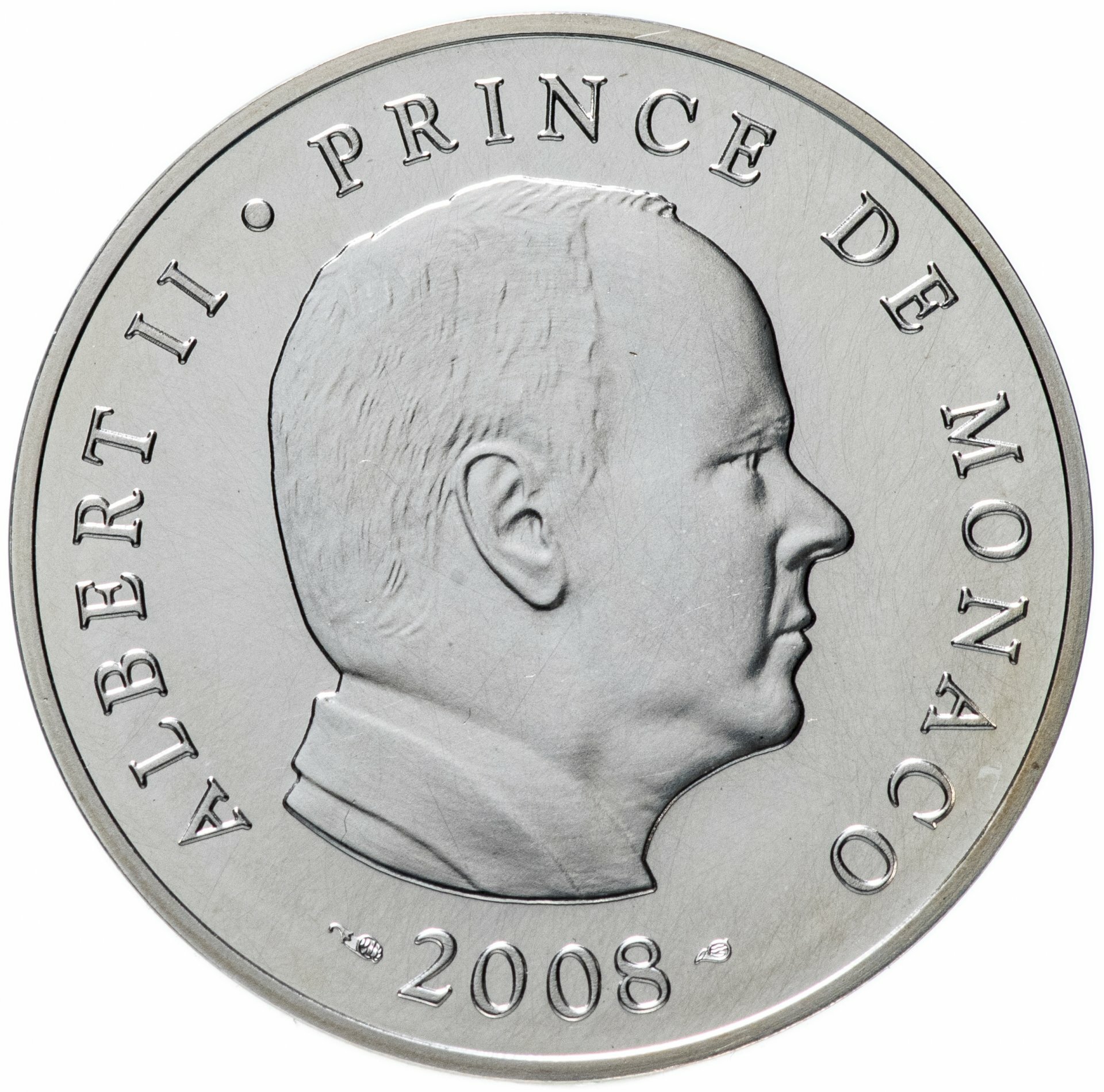 Монако 5 евро 2008 "Принц Альберт II" в футляре с сертификатом, Серебро 900, в сохранности BUNC