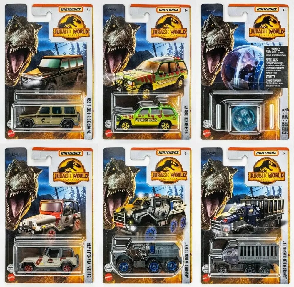 Машинка Matchbox Jurassic World Dominion FMW90 Die cast 1:64 Scale Vehicles ,6 шт. в комплекте