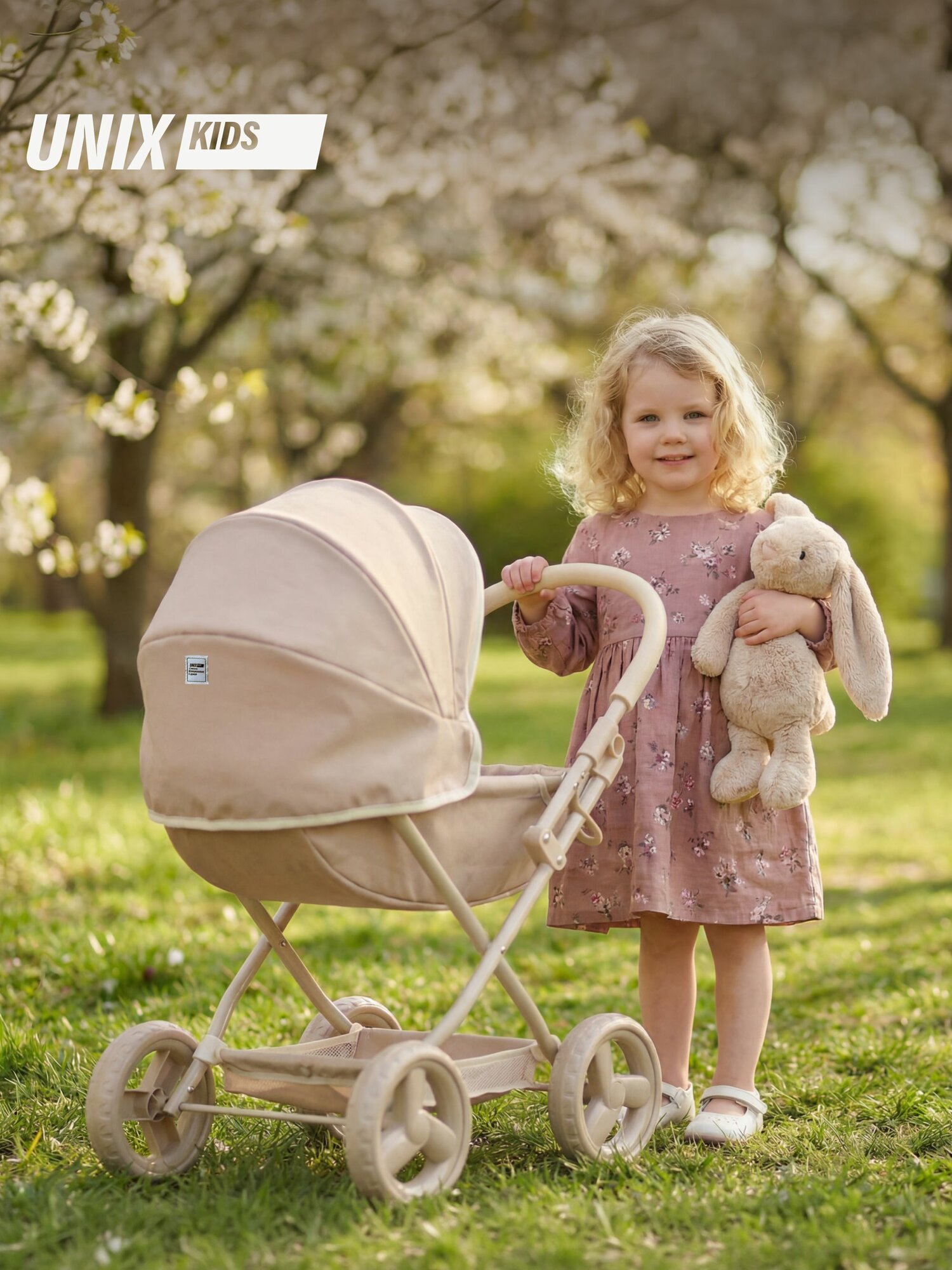 Коляска для кукол UNIX Kids детская люлька, прогулочная 65 см, для кукол до 45 см, сумочка, матрас, подушка, бежевый