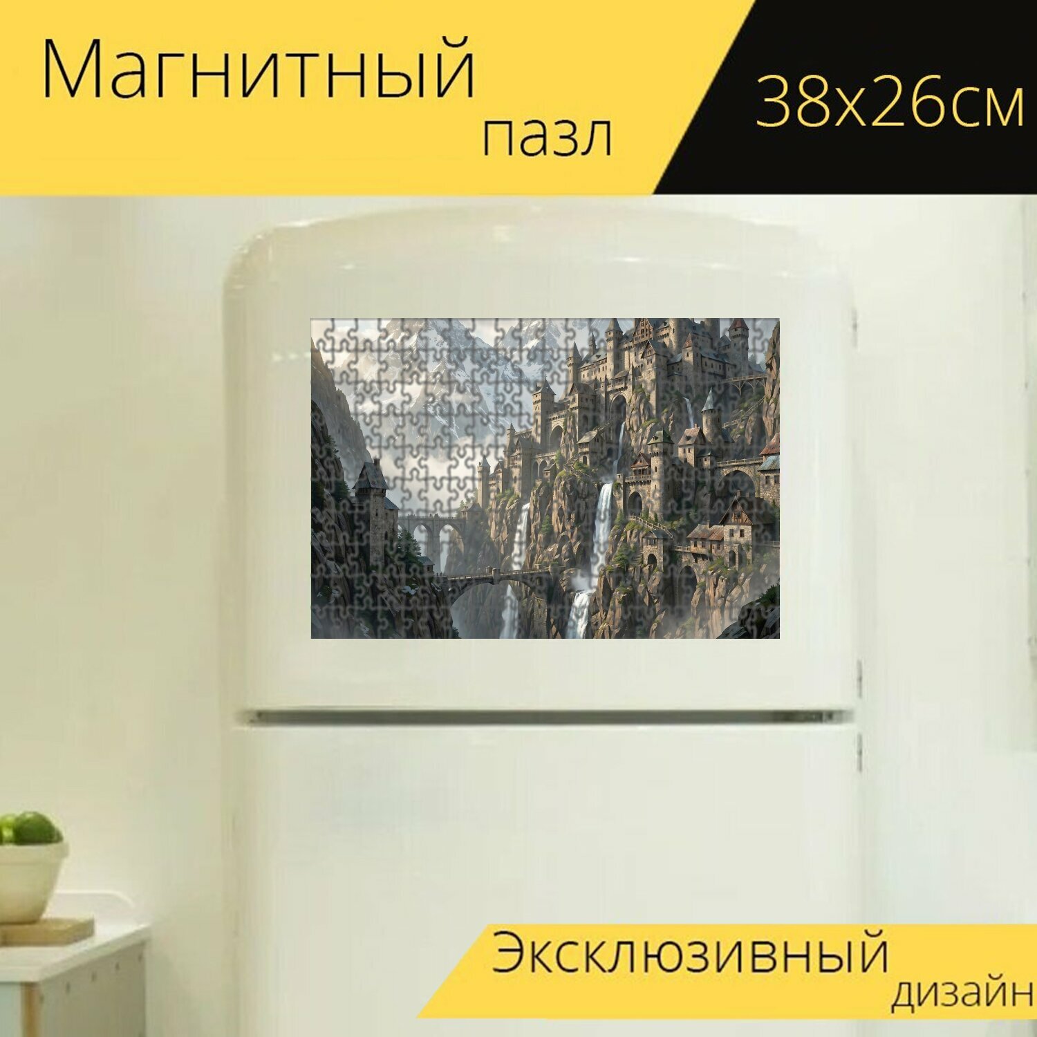 Магнитный пазл "Средневековый замок в горах. Фэнтезийная крепость на скалах среди заснеженных вершин, мостов и каскадных водопадов. Каменная архитектура." для интерьера, 38х26 см.