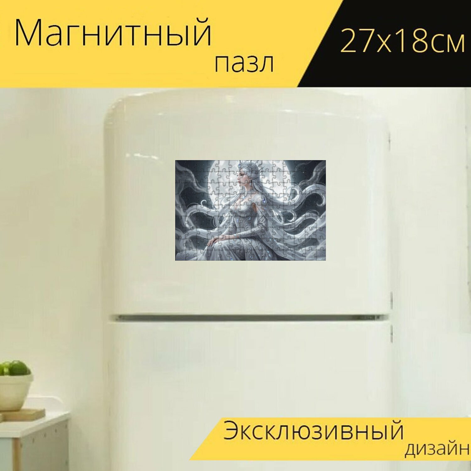 Магнитный пазл "Лунная королева в серебре. Фэнтезийная снежная царица с длинными белыми волосами в роскошном узорном платье и короне с сапфирами на фоне." на холодильник 27 x 18 см.