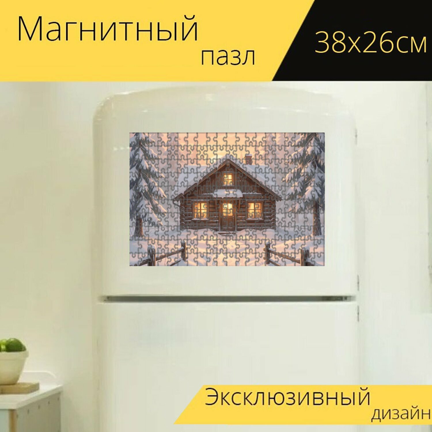 Магнитный пазл "Зимняя лесная избушка на рассвете. Уютный деревянный домик среди заснеженных елей, светящиеся окна, тропинка со следами, мягкий солнечный." для интерьера, 38х26 см.