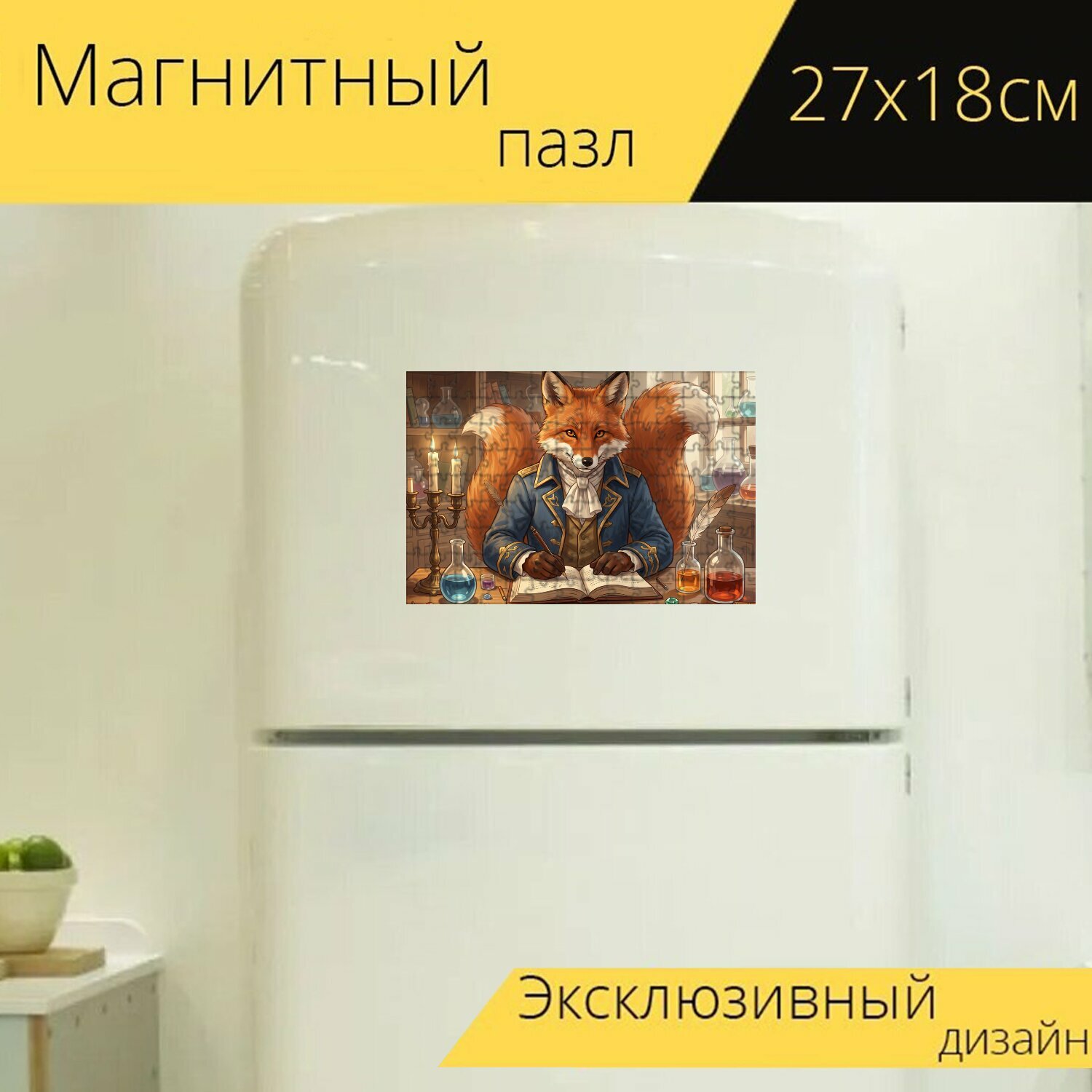 Магнитный пазл "Лис-алхимик за письменным столом. Антропоморфная рыжая лисица в камзоле пишет в раскрытой книге среди колб, свечей, перьев и самоцветов." на холодильник 27 x 18 см.