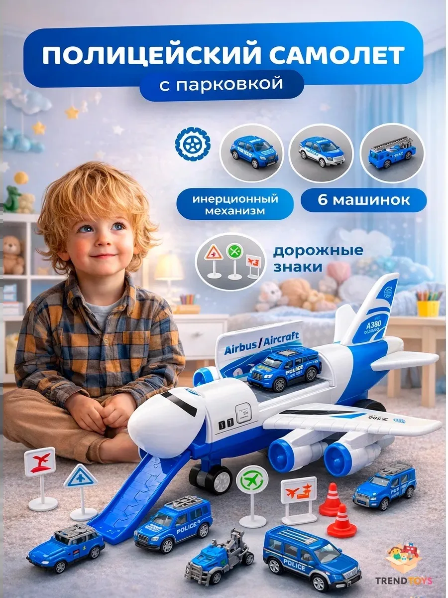 Детский грузовой самолет TrendToys "Полиция" с инерционными машинками