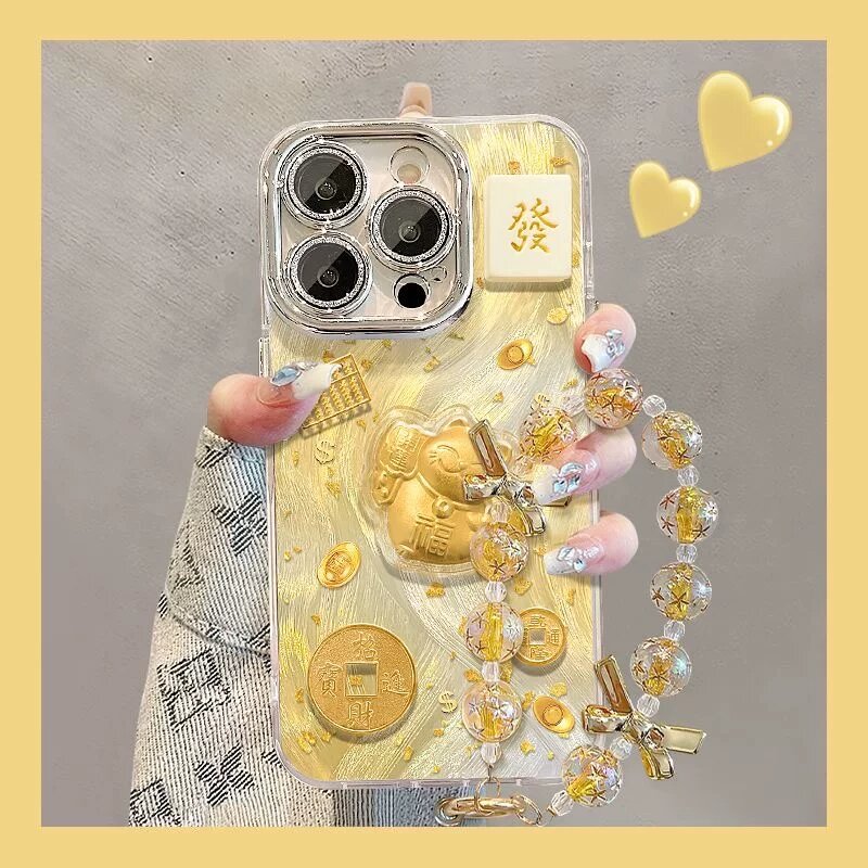 Чехол для iPhone 12 Pro с 3D-дизайном кошки из золотой фольги, ярким перьевым узором, жемчужным браслетом и защитным