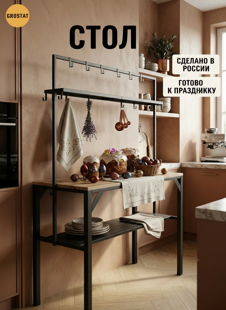 Стол кухонный Chef loft, дуб вотан, стол-стеллаж, мини остров для кухни, для веранды, 124х50х170 см, GROSTAT