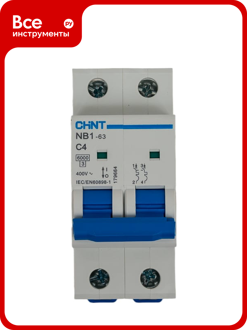 Автоматический выключатель CHINT NB1-63, 2P, 4A, 6кА, характеристика C 179664
