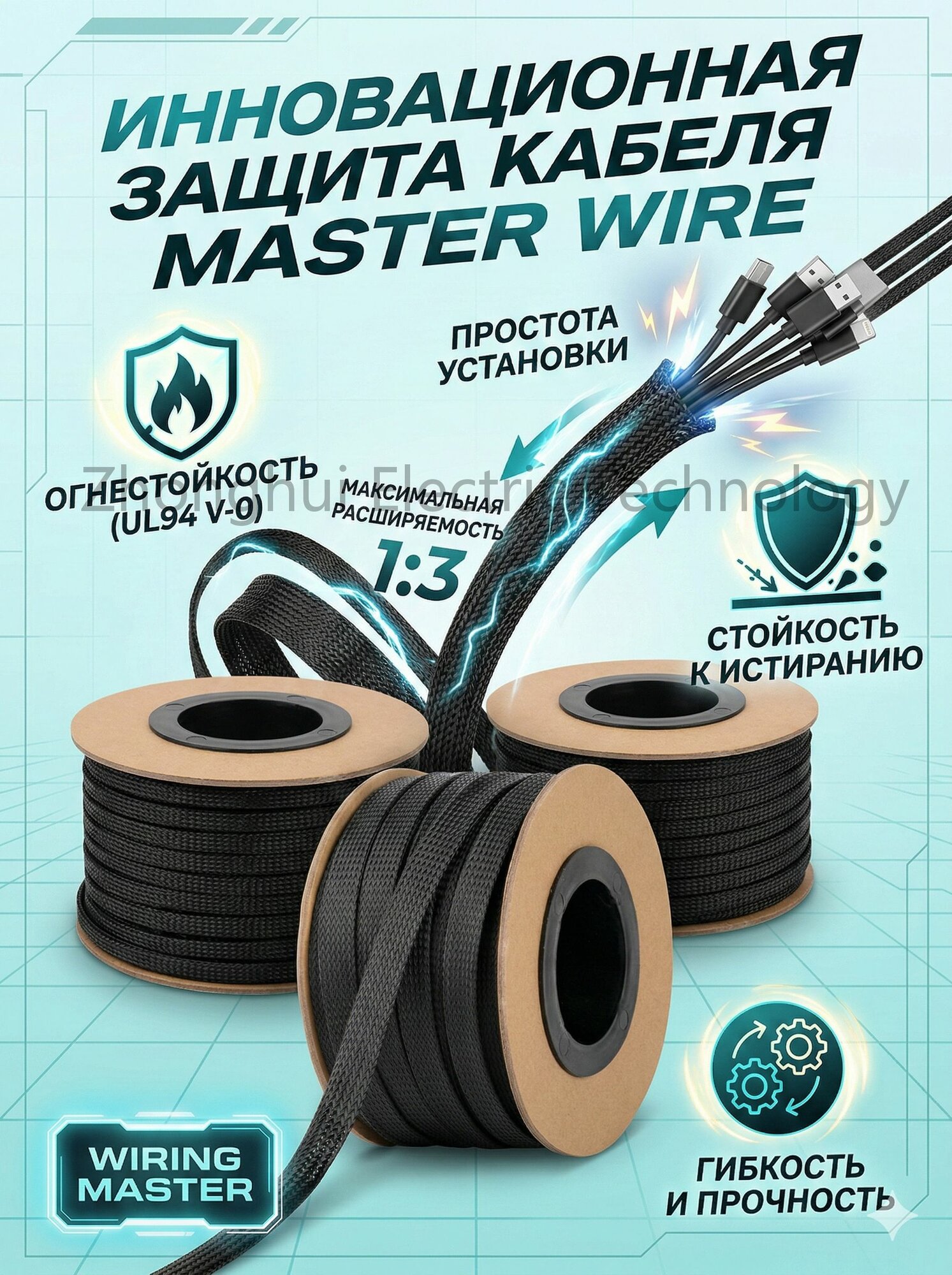 Оплетка для кабеля ПЭТ Wiring Master, защитный сетчатый органайзер для проводов Змеиная кожа, кабельный чулок расширяемый, для ПК и авто, 100м